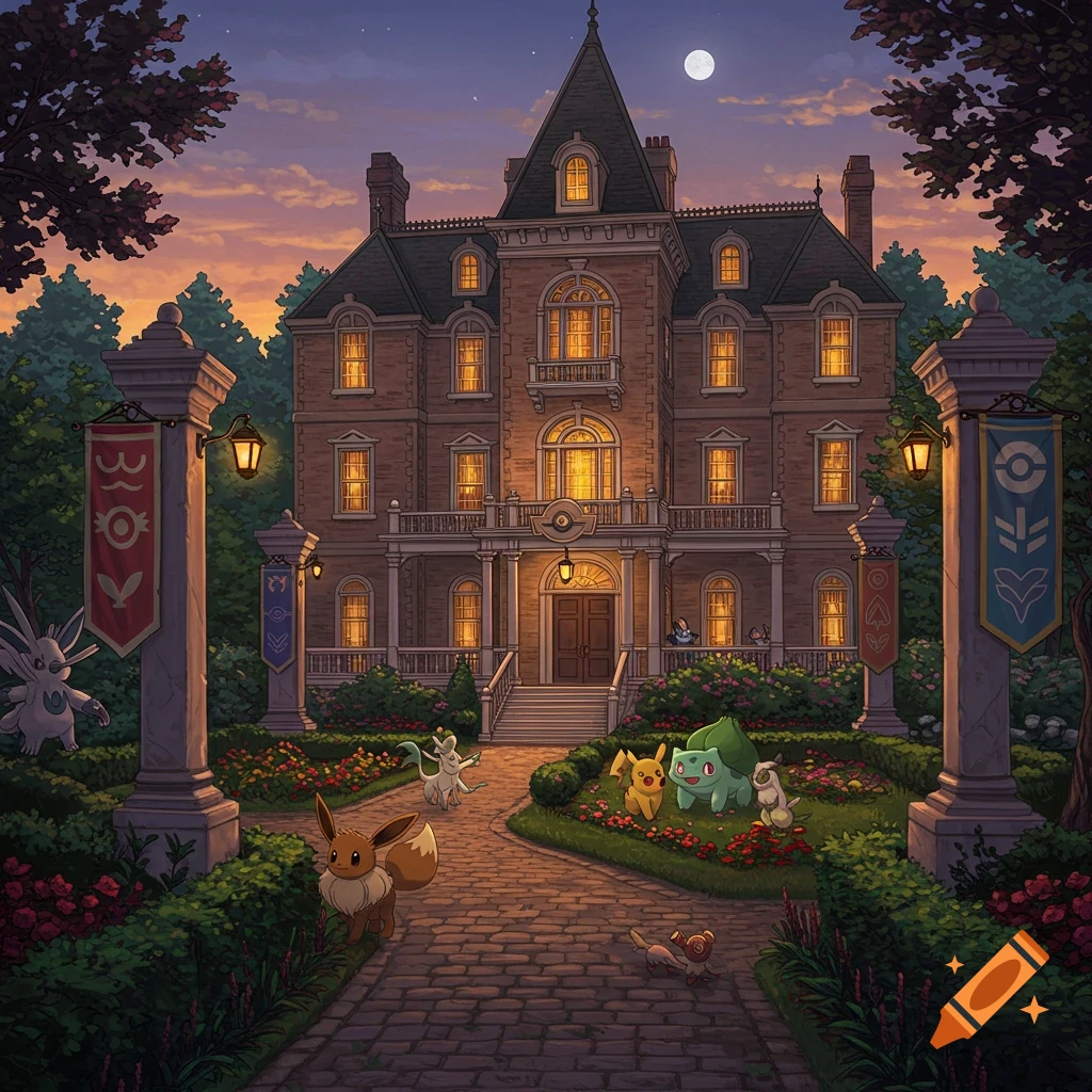 A whimsical illustration of a grand mansion surrounded by lush gardens ...