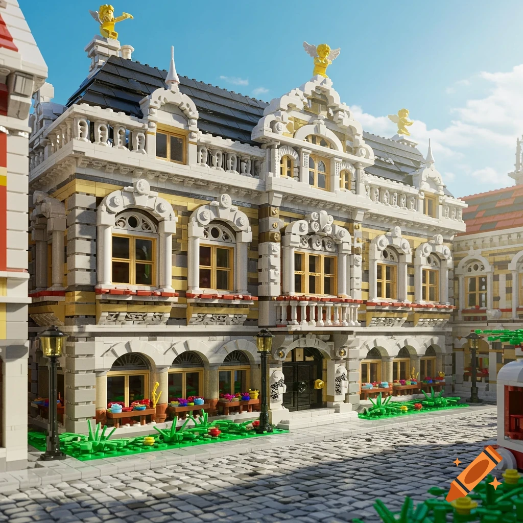 A detailed LEGO-style modular building with baroque architecture and ...