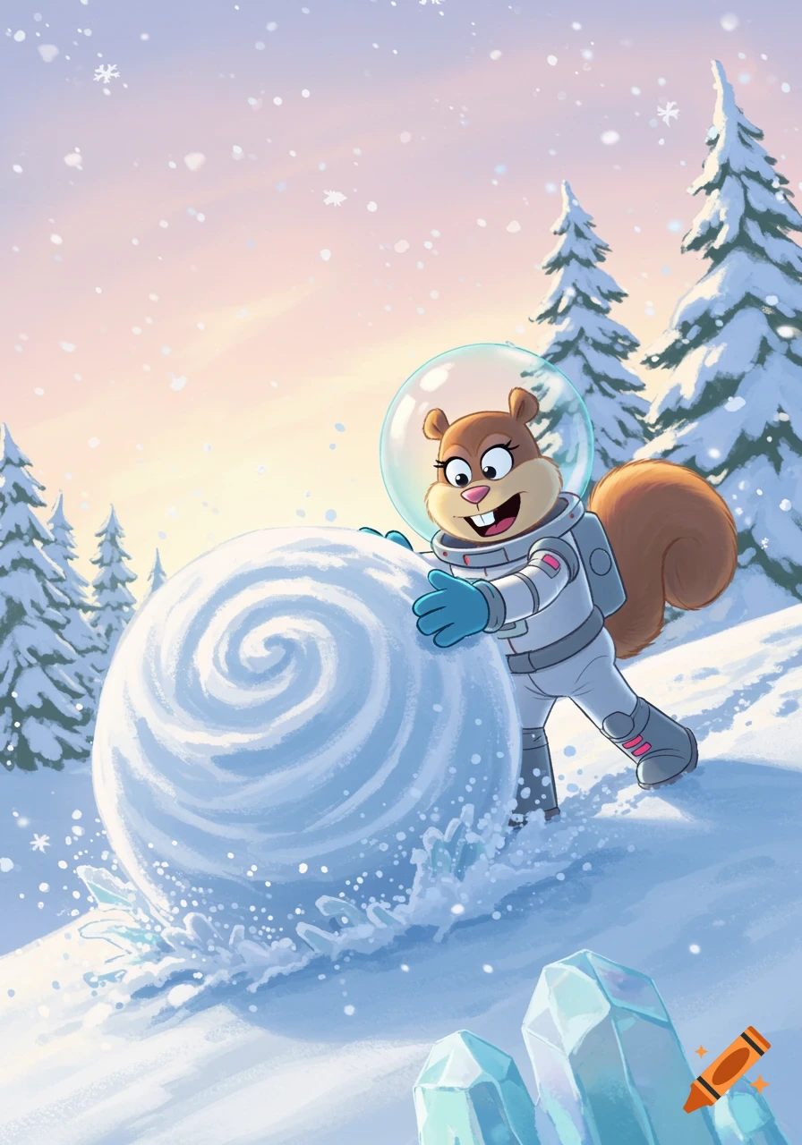 Sandy Cheeks, a cartoon squirrel in a spacesuit, happily rolls a giant ...
