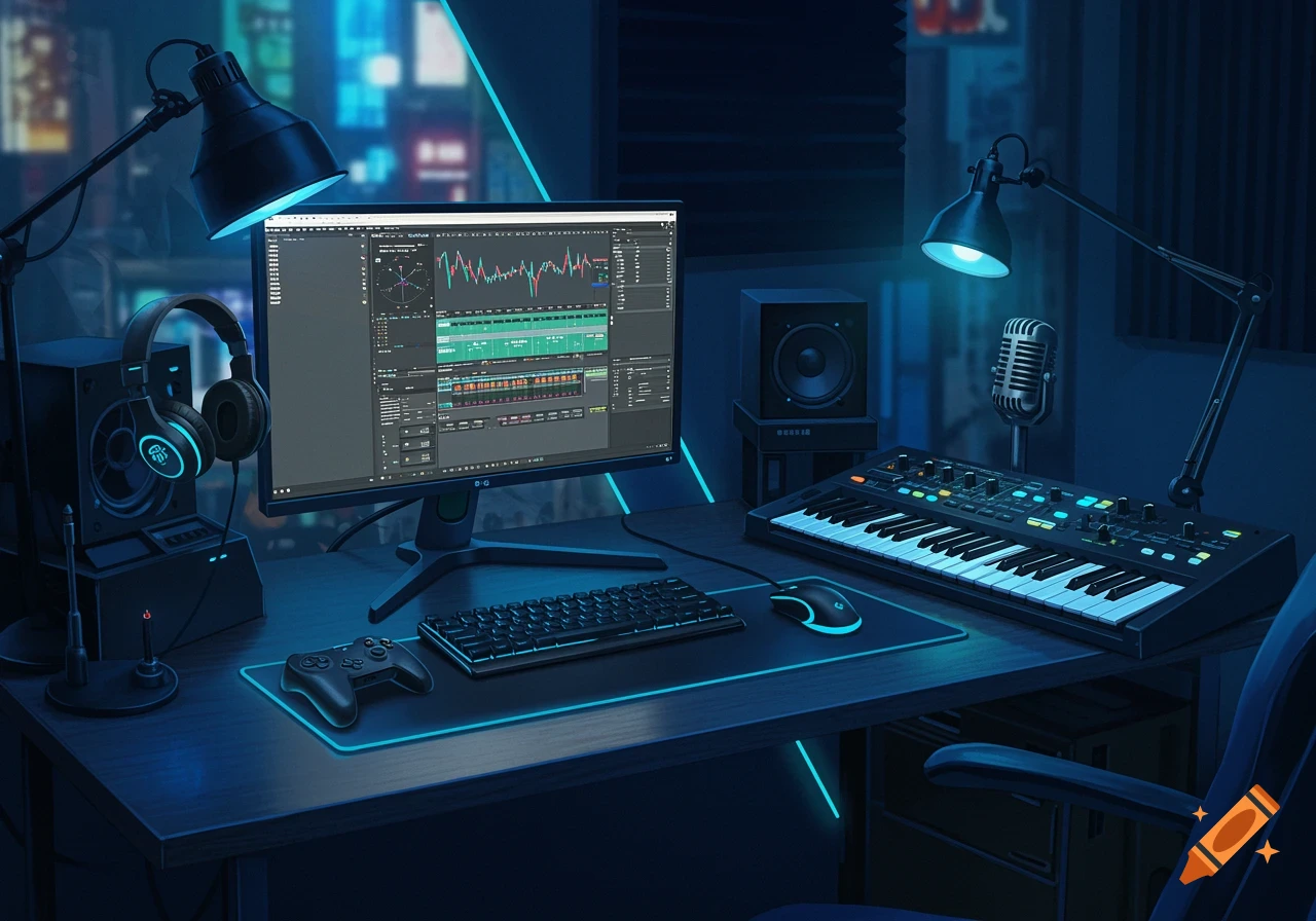 A cyber-themed desk setup with a glowing monitor showing graphs, a midi ...