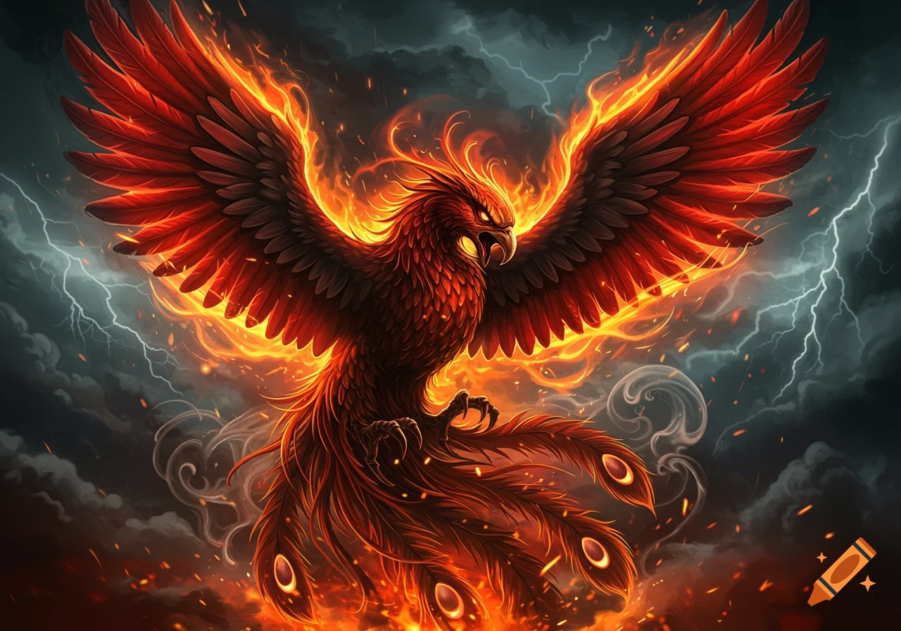 A majestic, fiery phoenix with outstretched wings against a stormy ...