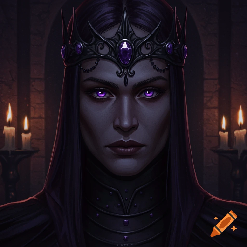 A stoic elven knight with grey skin and white markings stands in ornate ...