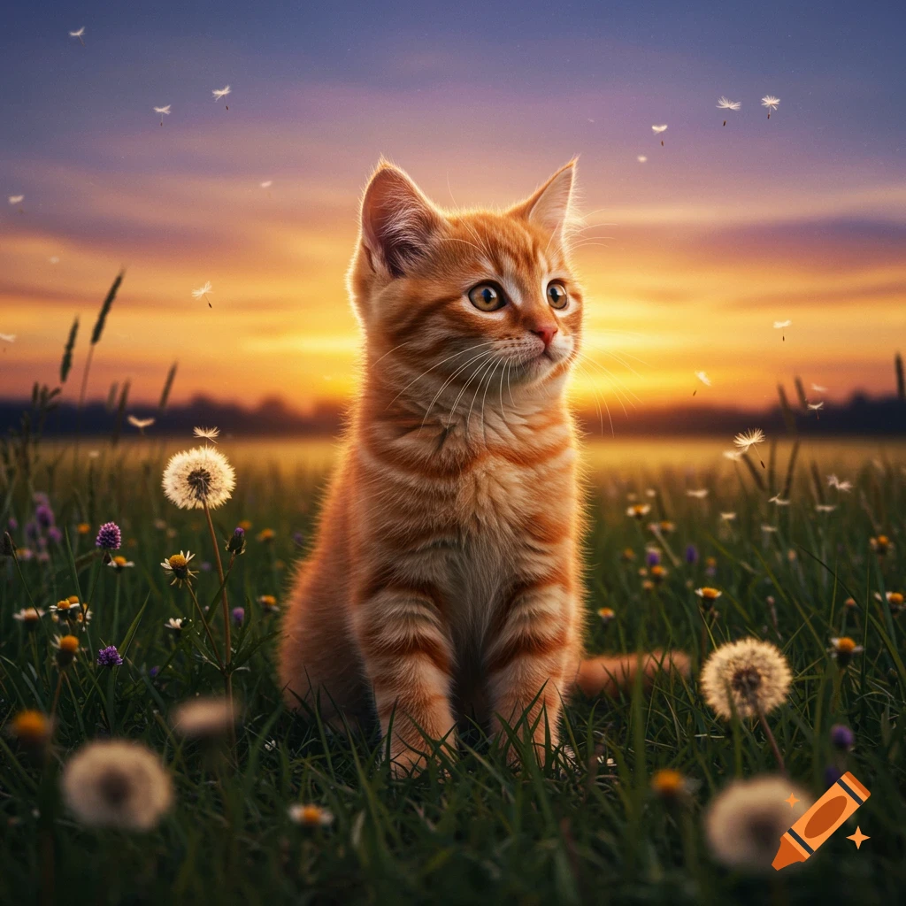 An adorable orange tabby kitten sits in a field of tall green grass and ...