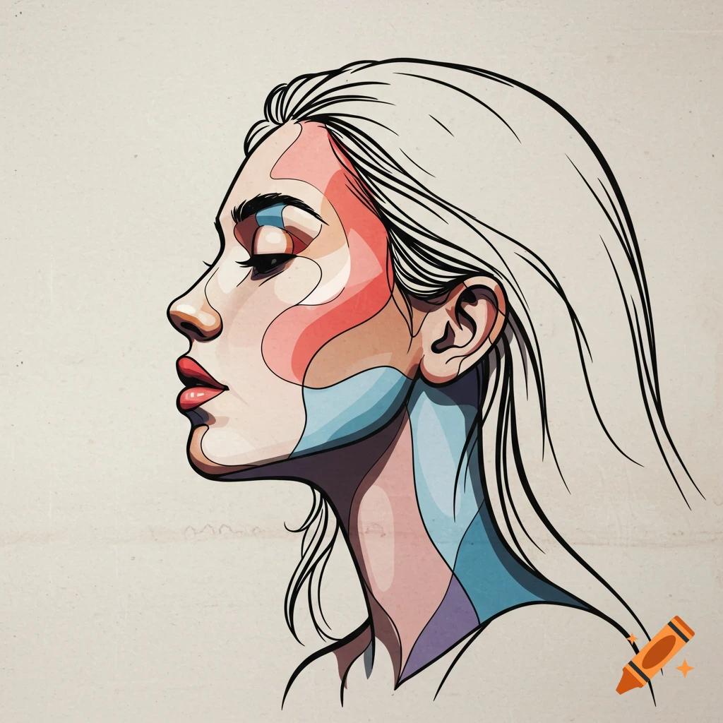 Abstract line drawing of a laughing face in mixed artistic styles on ...