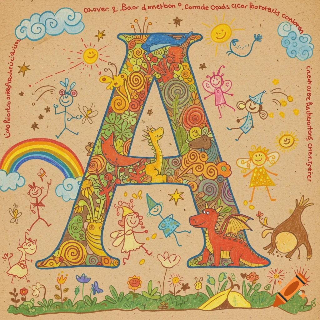 A colorful, child-like drawing of a large letter A filled with ...