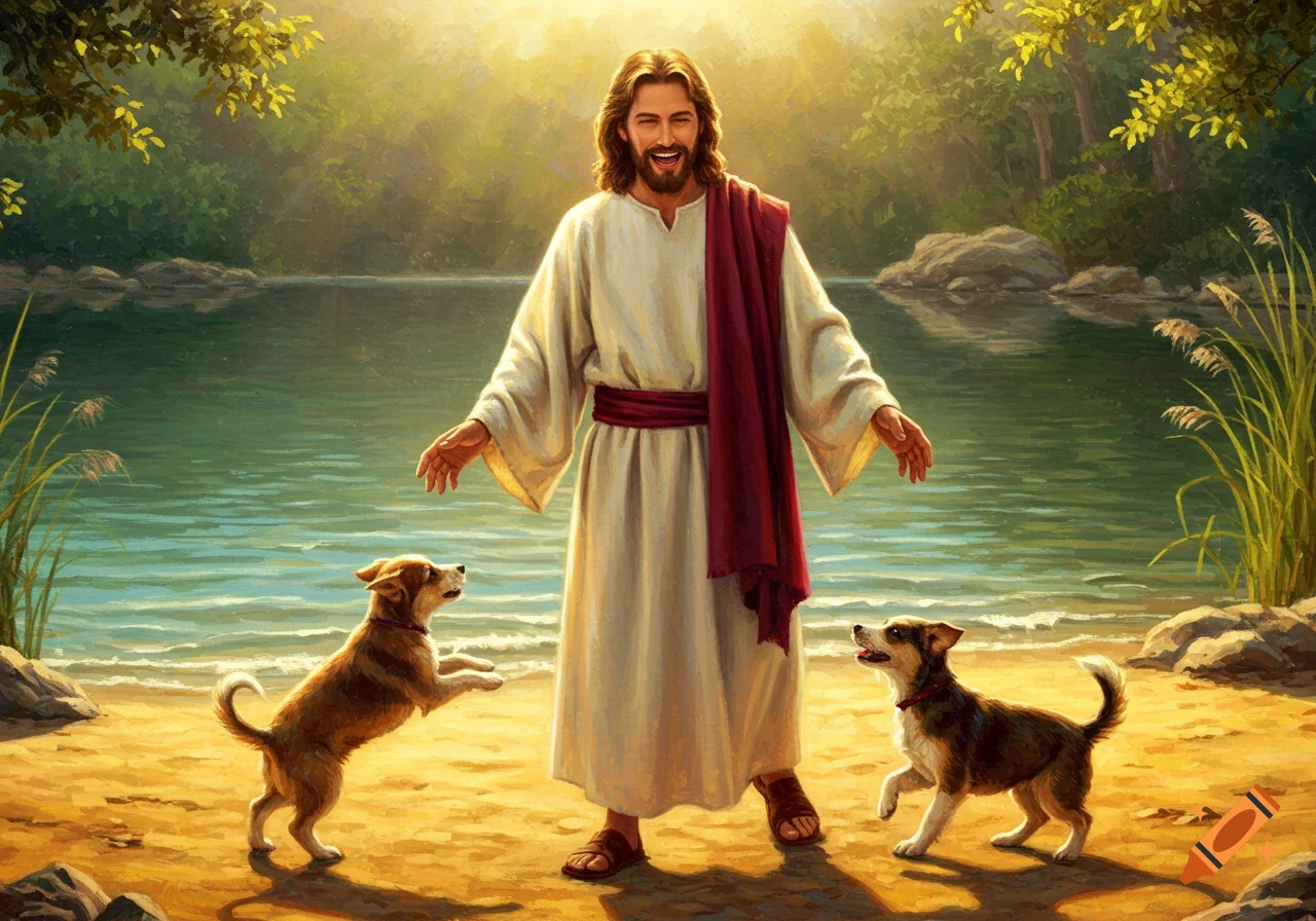 Illustration of Jesus Christ fishing by a river. on Craiyon