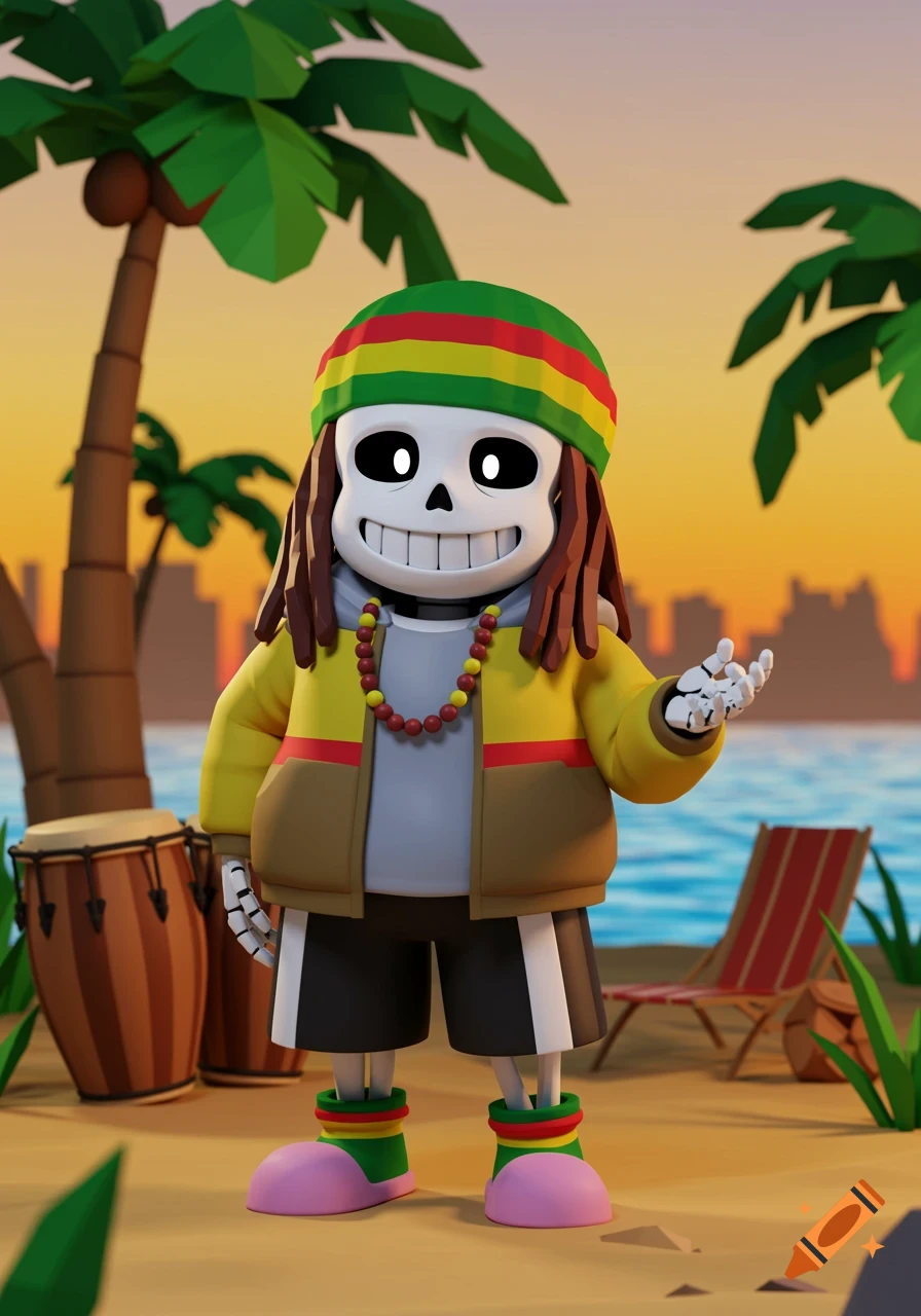 A 3D low poly render of Sans from Undertale, wearing a Rasta hat and dreadlocks, on a beach at ...