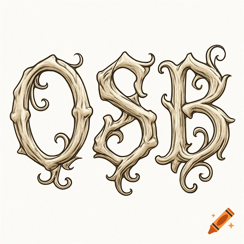 Stylized letters O, S, B in a gnarled bone gothic font on a white ...