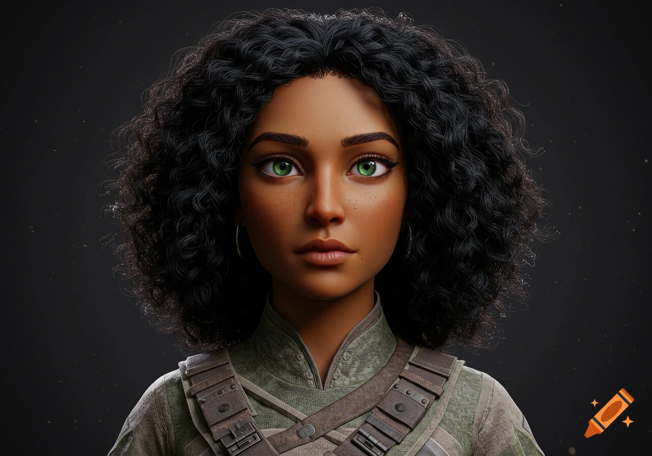 Close-up portrait of a stylized female video game character with dark ...