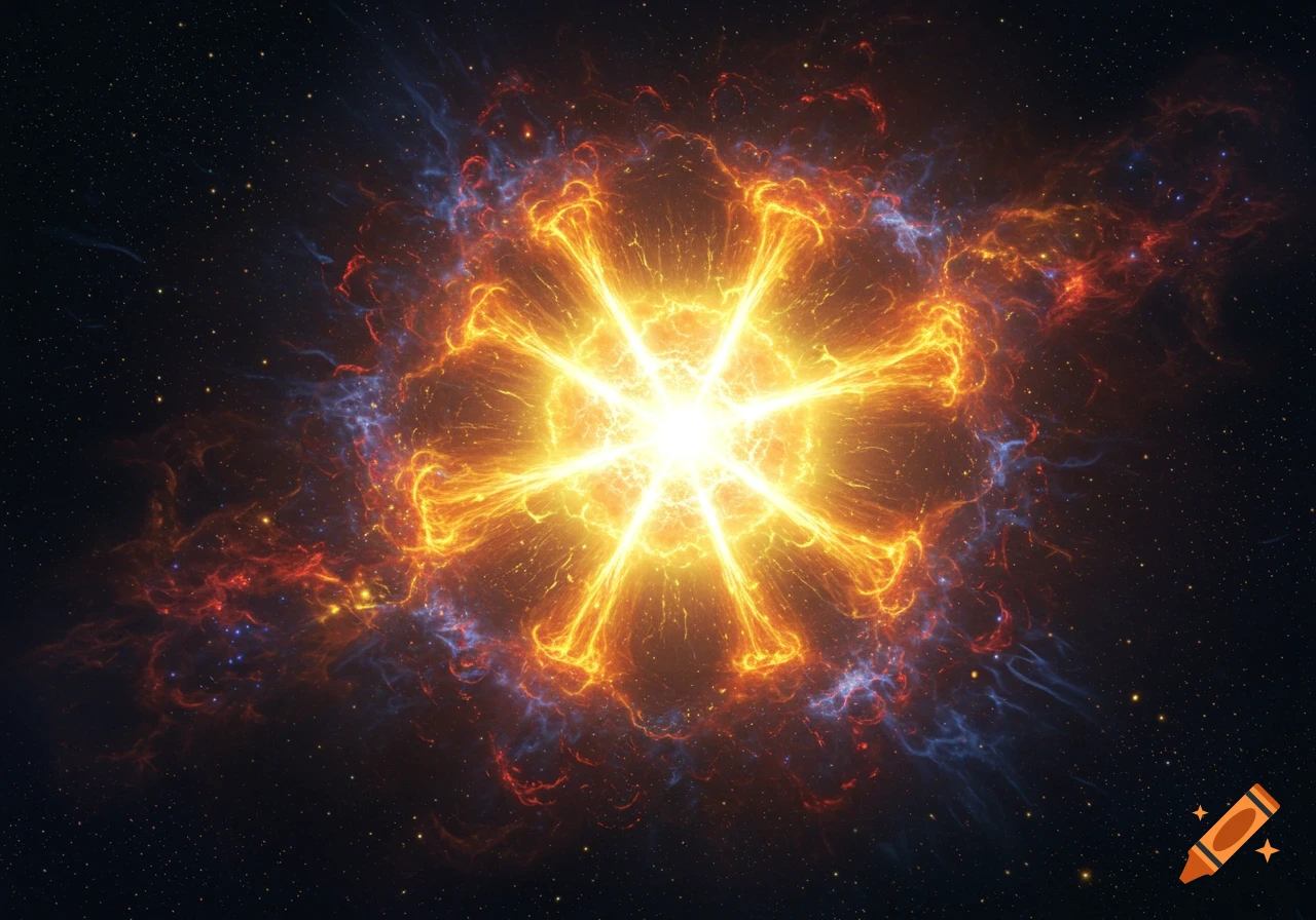 A massive, bright orange and red explosion erupts in the dark expanse ...