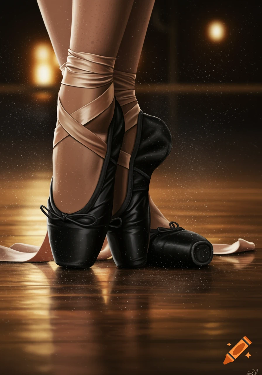 Close-up of a dancer's feet in black ballet slippers with pink ribbons ...