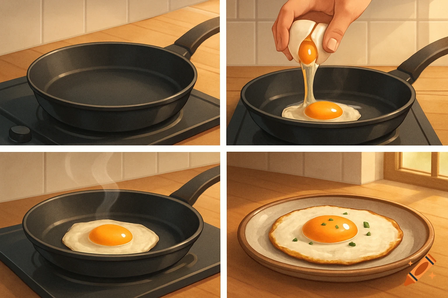 A four-panel illustration showing the steps to fry an egg: an empty pan ...