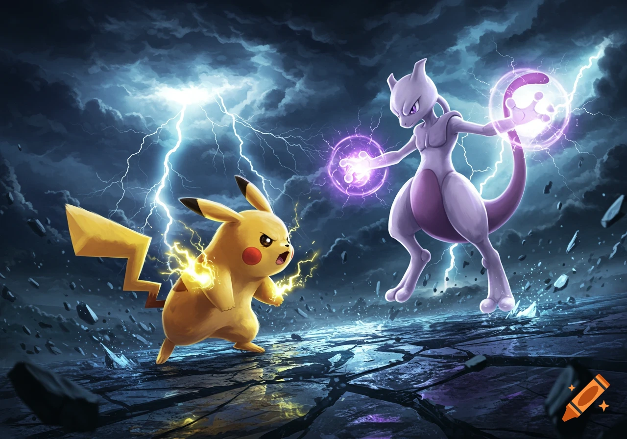 Pikachu and Mewtwo battle in a dynamic digital illustration under a ...