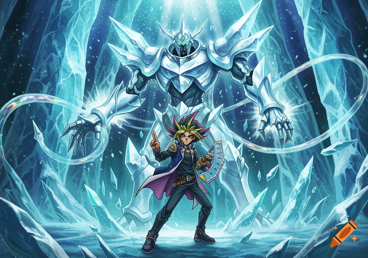 Anime illustration of Yugi Muto with a large crystalline ice monster in ...