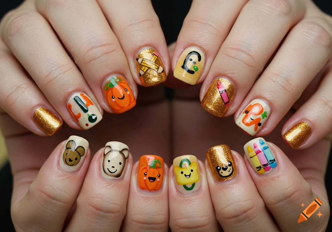 Close-up of hands with festive Halloween nail art featuring ghosts ...
