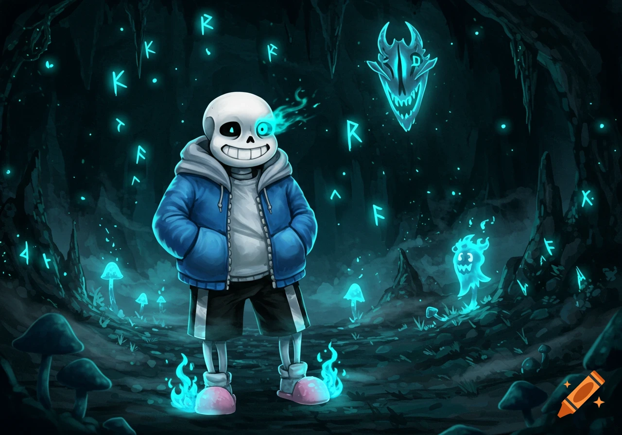 A humanized Sans character with blue hair and a skeleton-like body ...