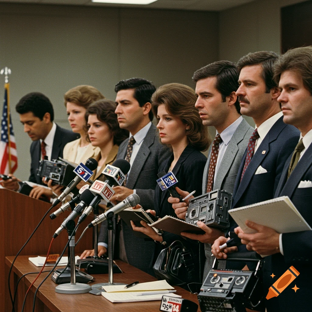 A line of reporters with microphones and recording equipment at a press ...