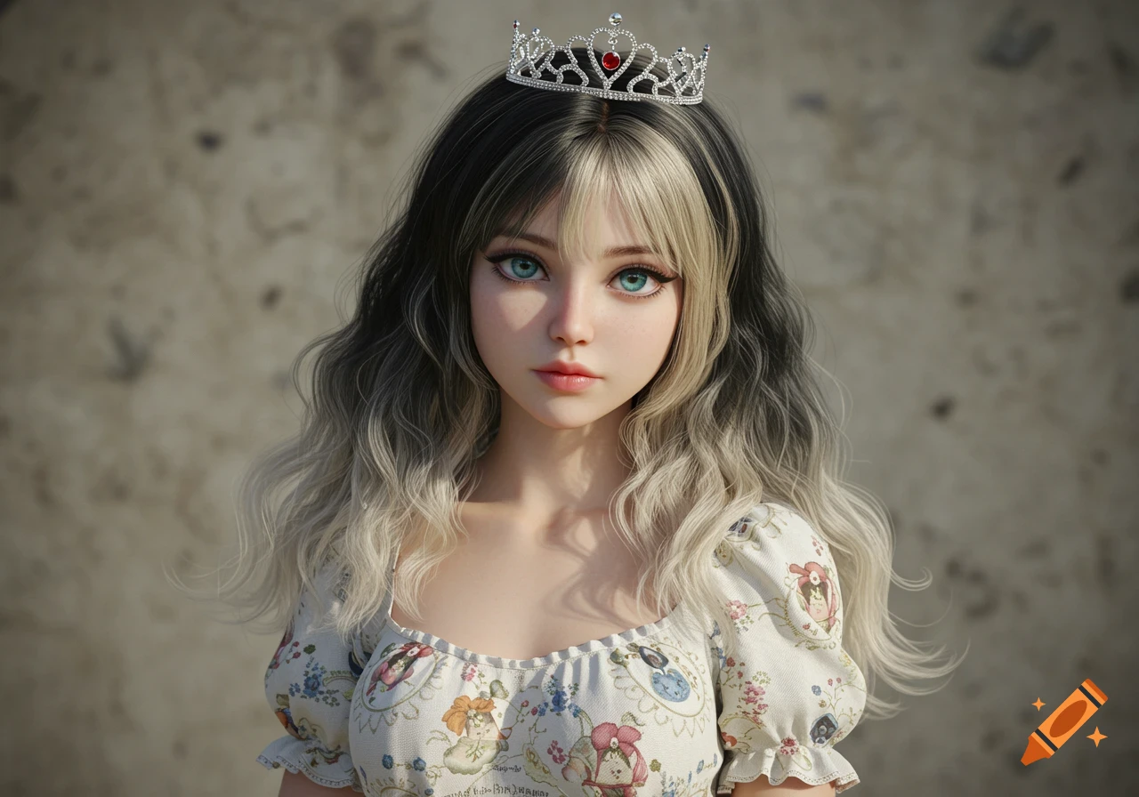 Photorealistic portrait of a young woman with black and blonde hair, blue eyes, and a tiara ...