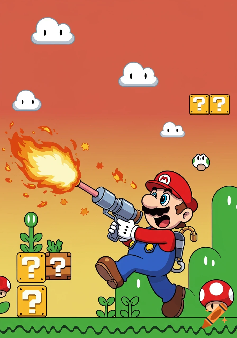 Cartoon Mario runs right, firing a flamethrower with a jetpack on, against an orange sky with ...