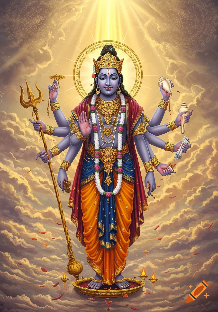 Lord Ganesha with multiple arms sitting on a pink lotus flower in a ...