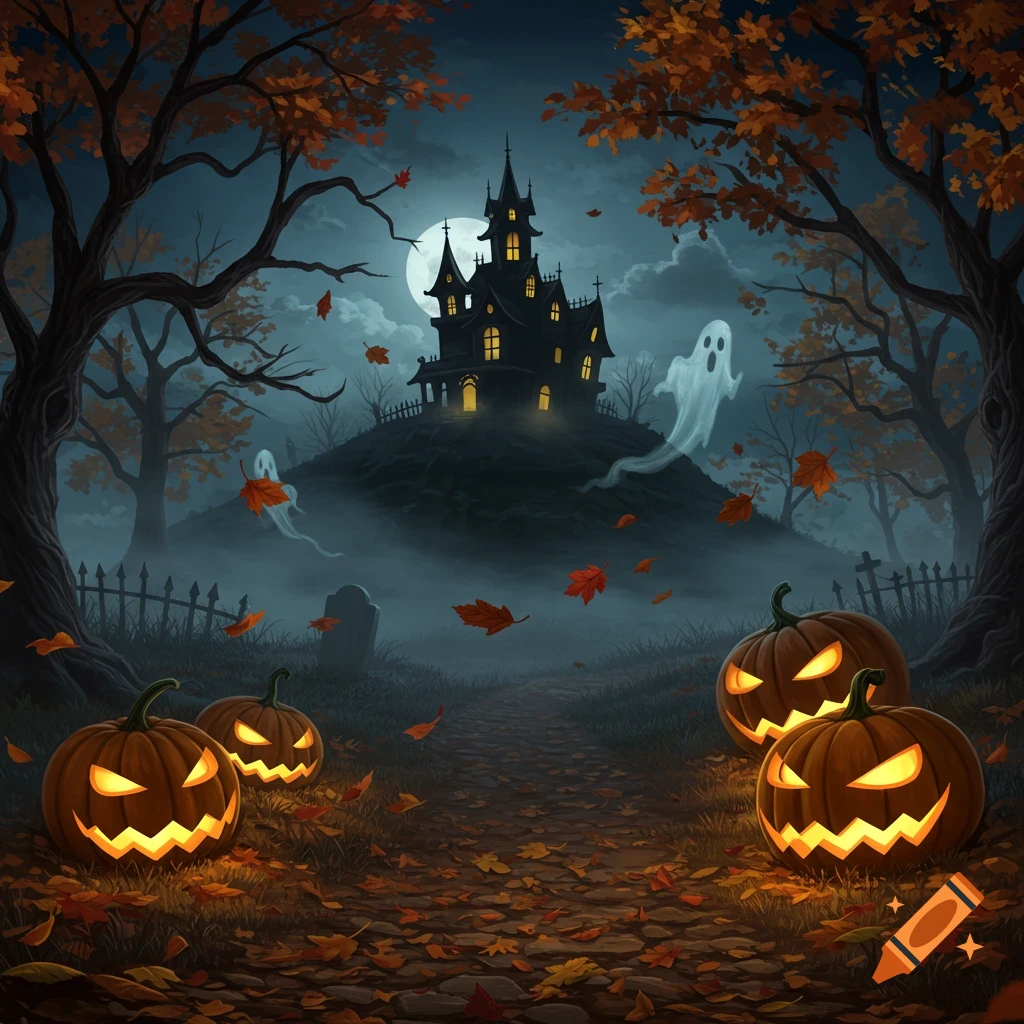 Spooky Halloween scene with glowing jack-o'-lanterns in a misty graveyard under a full moon with ...