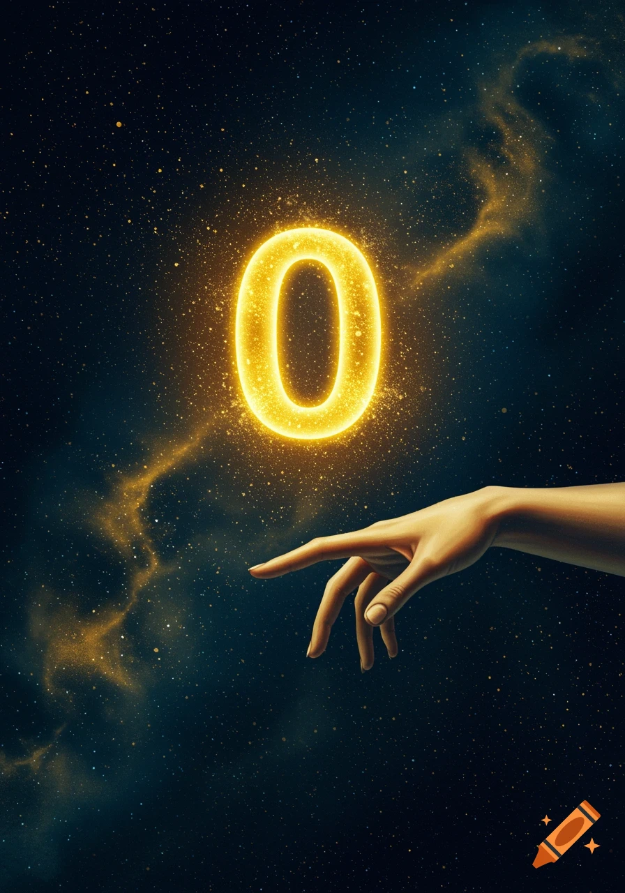 A hand reaches towards a glowing golden number zero in a dark, star ...