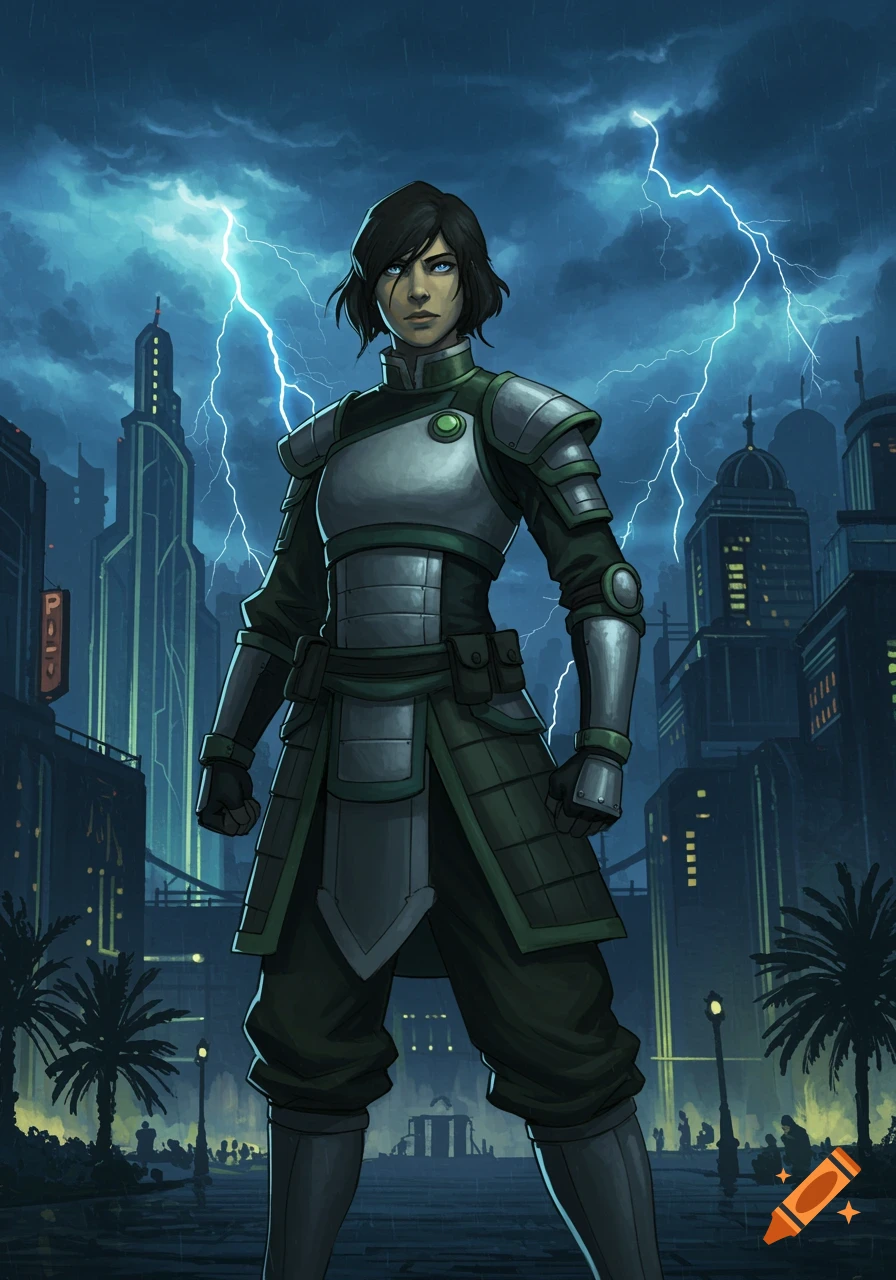 A female character in green and silver armor stands in a city during a ...