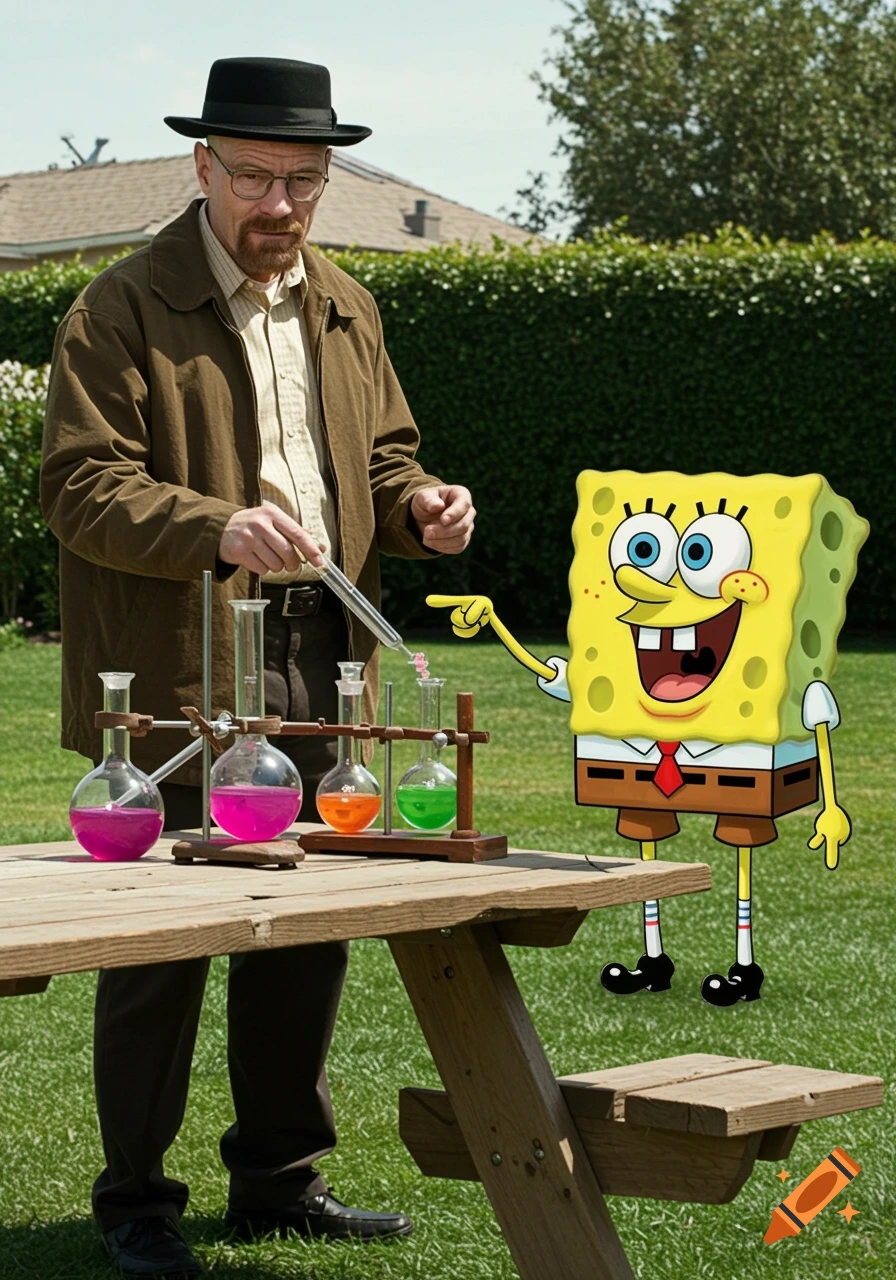 Walter White in a hat and jacket conducts a chemistry experiment at an outdoor picnic table ...