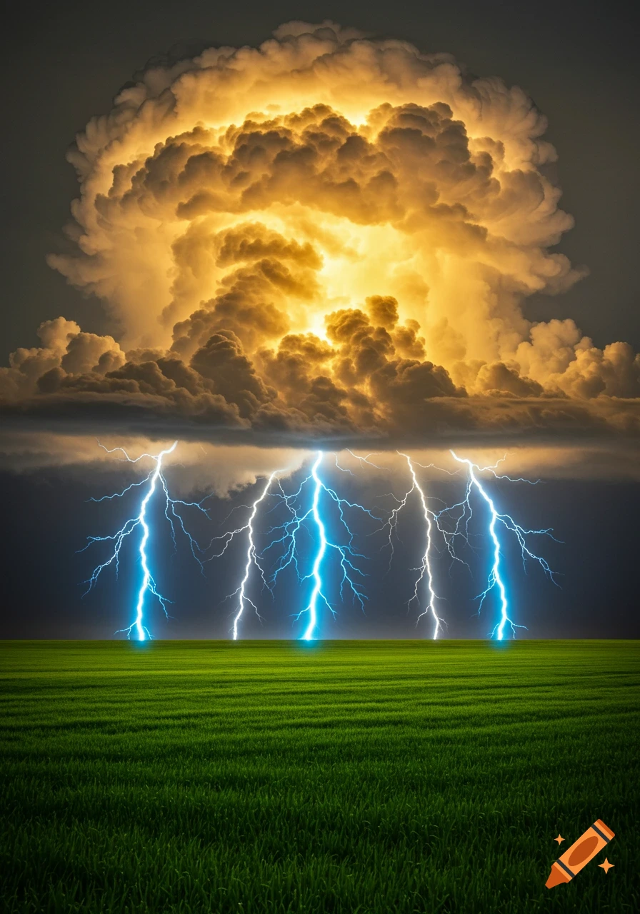 A dramatic scene with a large golden storm cloud over a green field ...