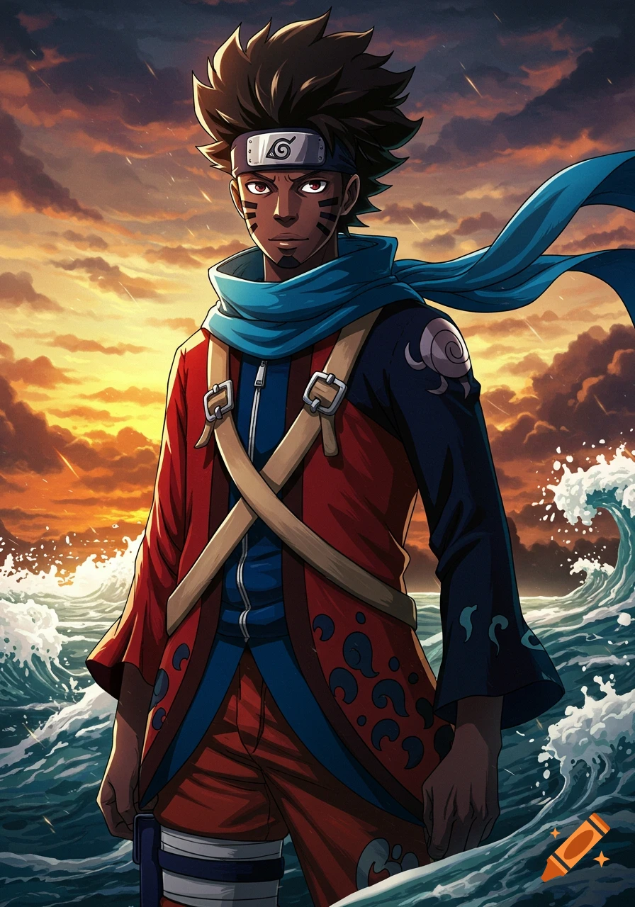 Anime character with glowing gold symbols surfing a large blue wave. on ...