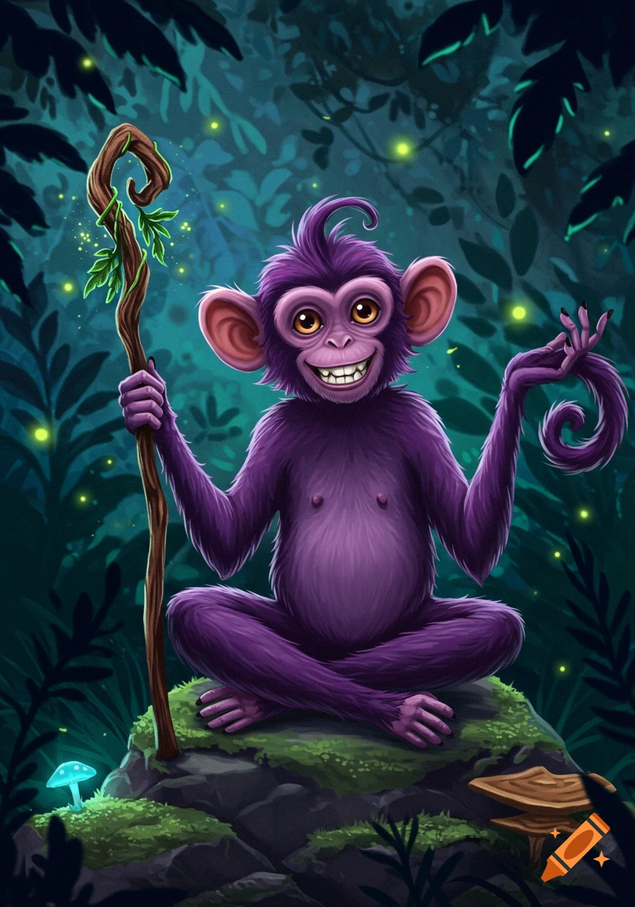 A smiling purple monkey with large ears holds a staff, sitting on a ...