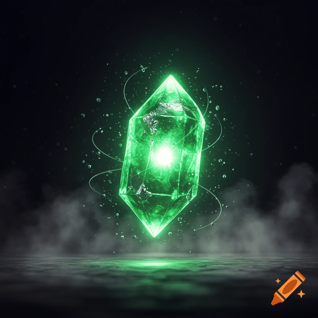 A radiant green crystal with a luminous core floats above a misty, dark ...