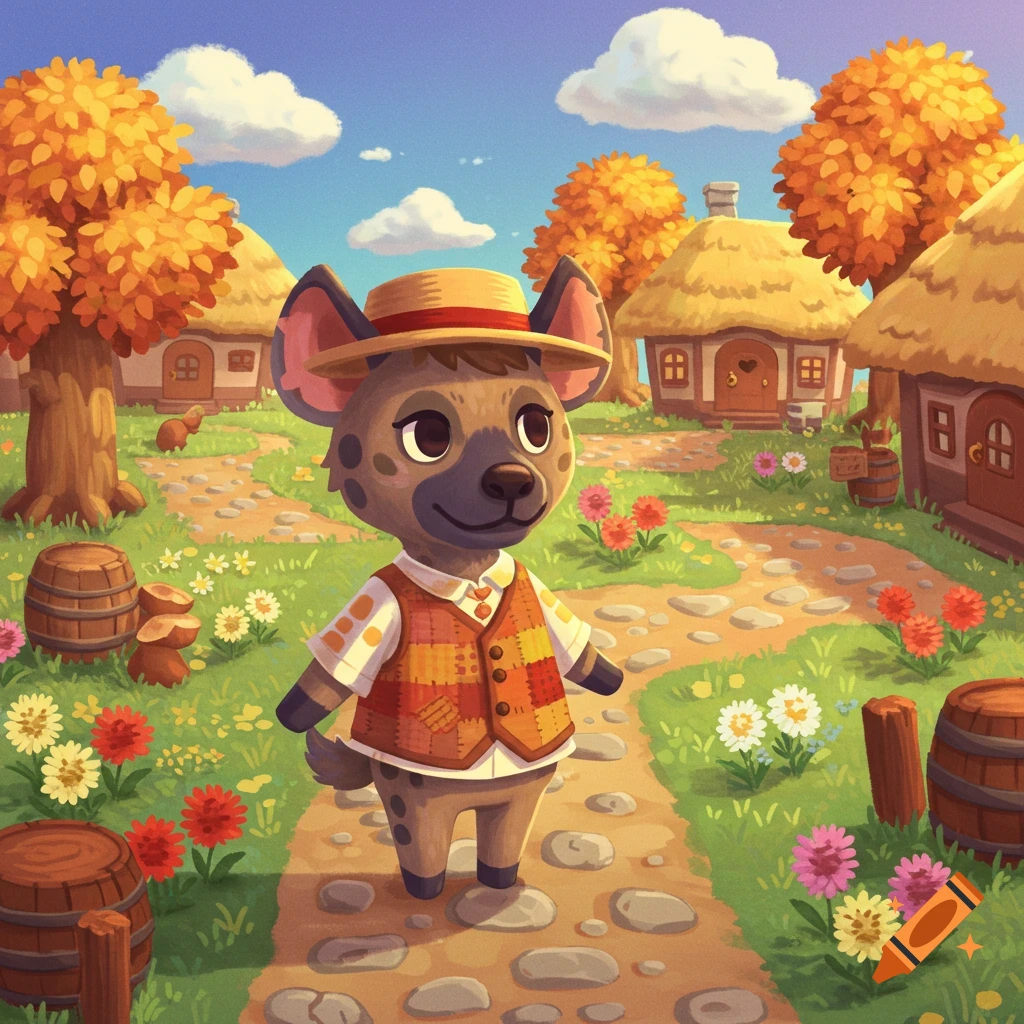 A cartoon hyena character in a straw hat and patchwork vest stands on a ...