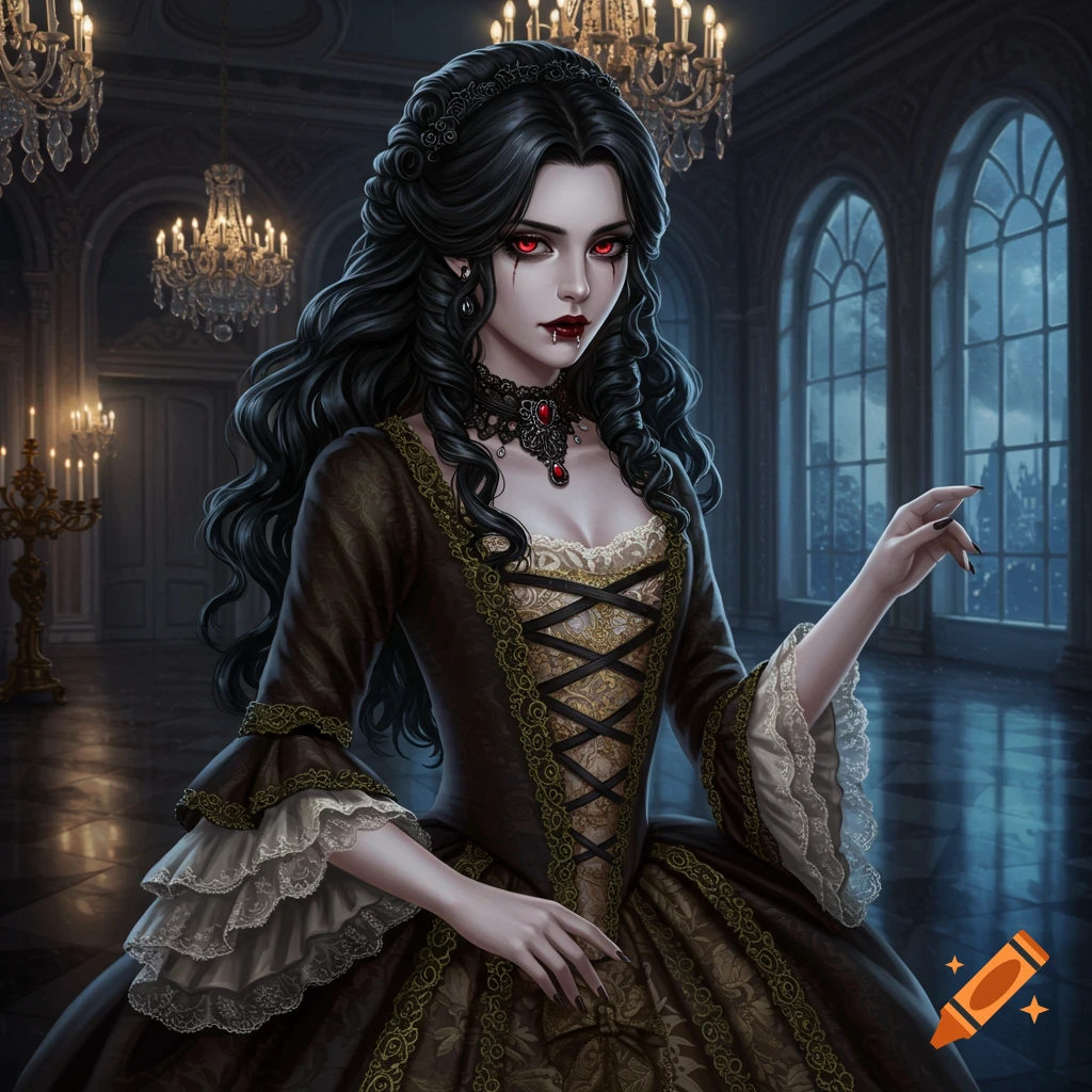 A gothic female vampire with pale skin, black hair, and red eyes ...