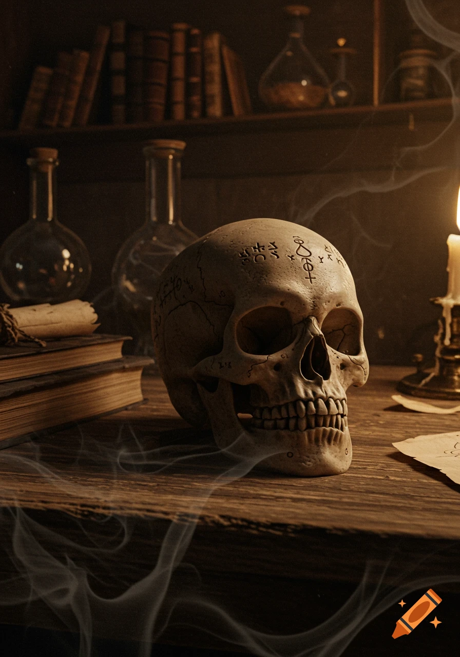 A photorealistic human skull with arcane symbols carved into its ...