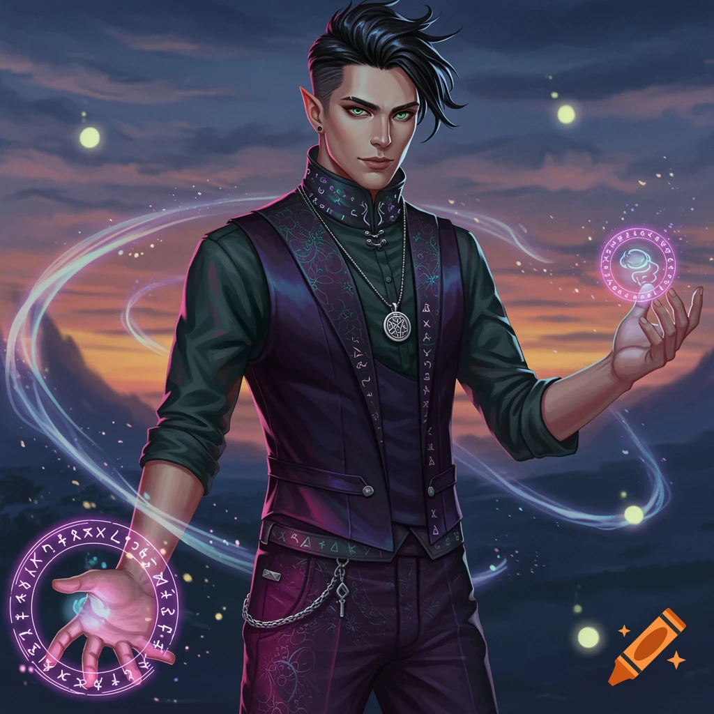 A dark-haired male elf mage with glowing green eyes and energy in his ...