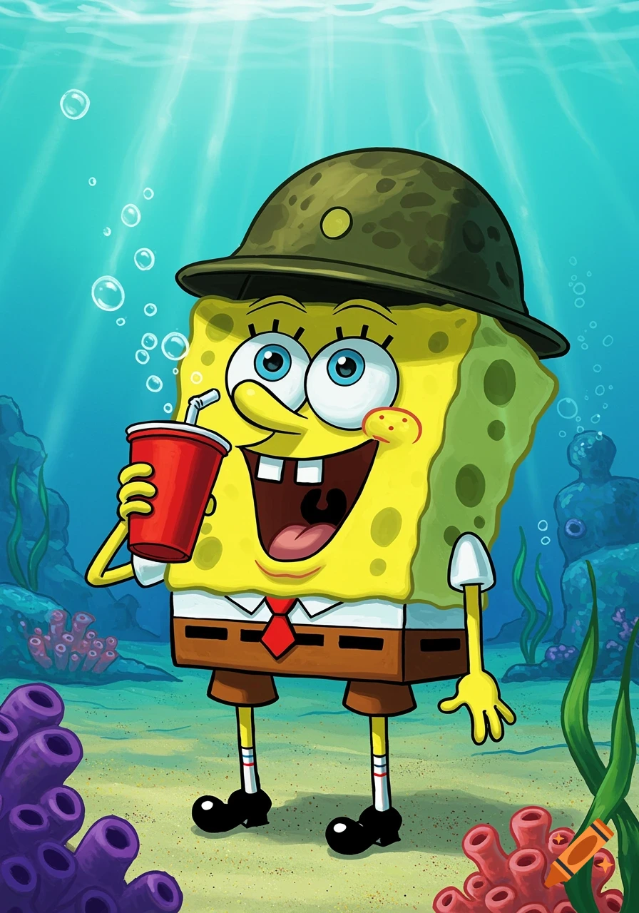 Spongebob Squarepants wearing an army hat, drinking from a red cup ...