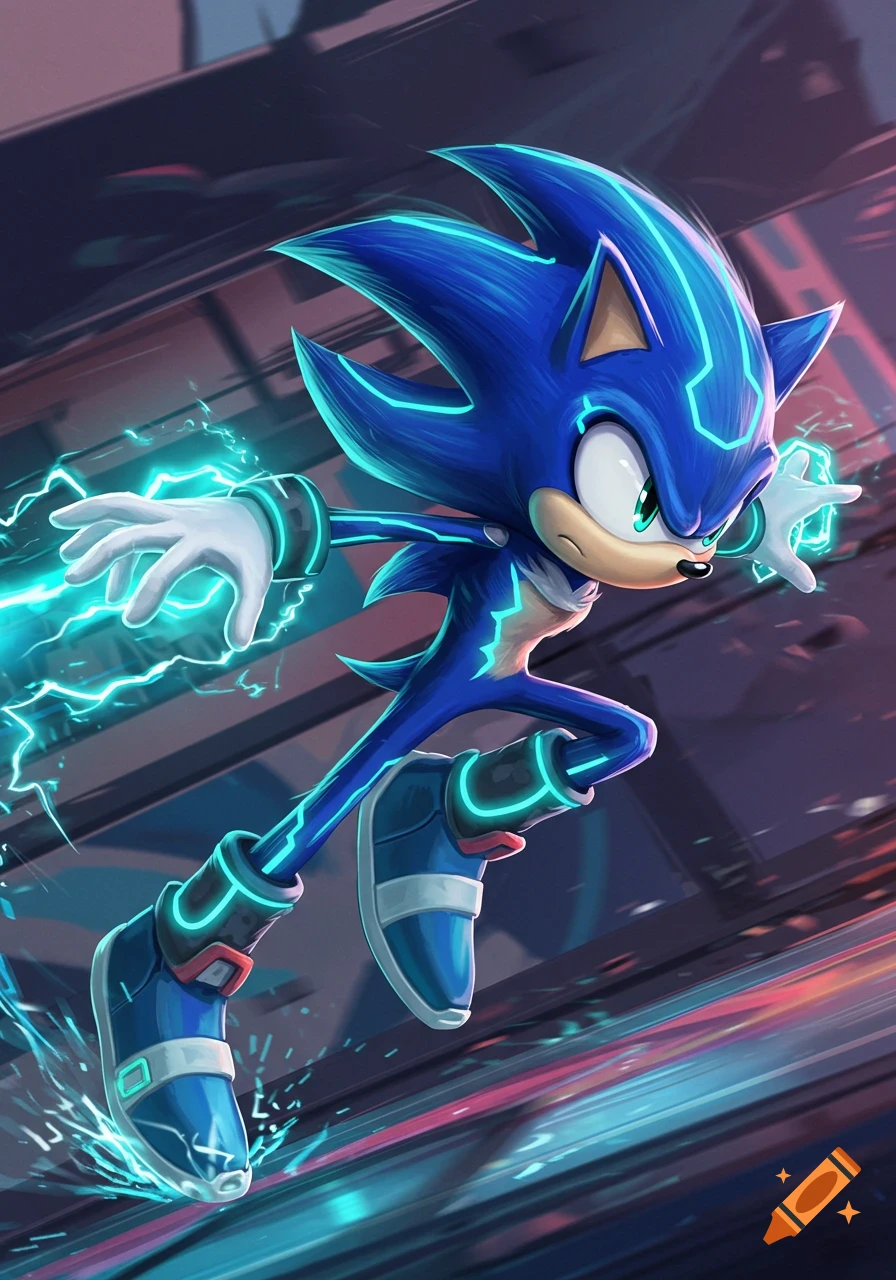 Stylized digital art of Sonic the Hedgehog, redesigned with glowing blue lines, running fast ...