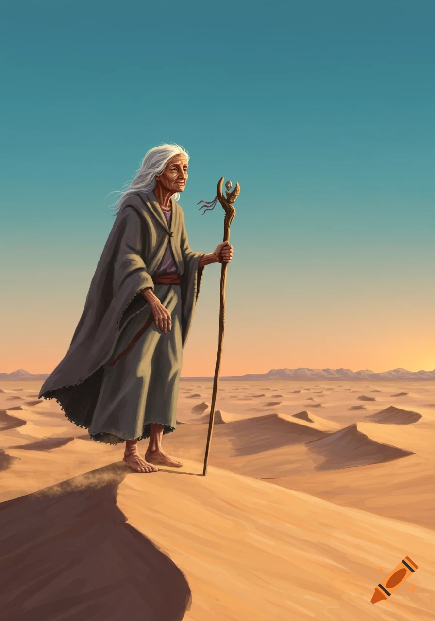 An old, bearded man in robes with a staff stands in a vast, sunny ...