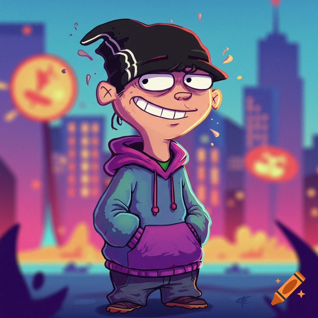 Cartoon boy with brown hair, angry eyebrows, cheeky grin, chubby cheeks ...