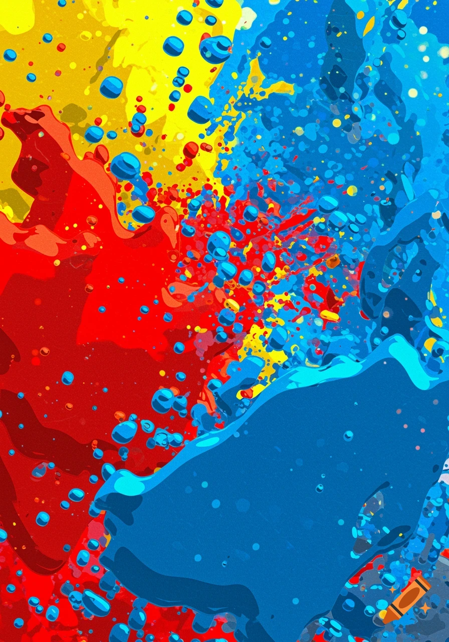 Dynamic abstract art with vibrant red, yellow, and blue paint splatters ...