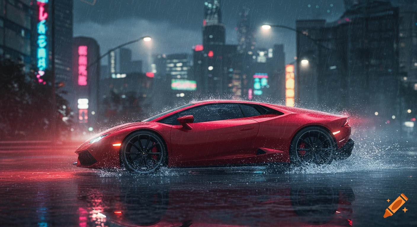 A red sports car speeds down a wet city street at night, splashing ...