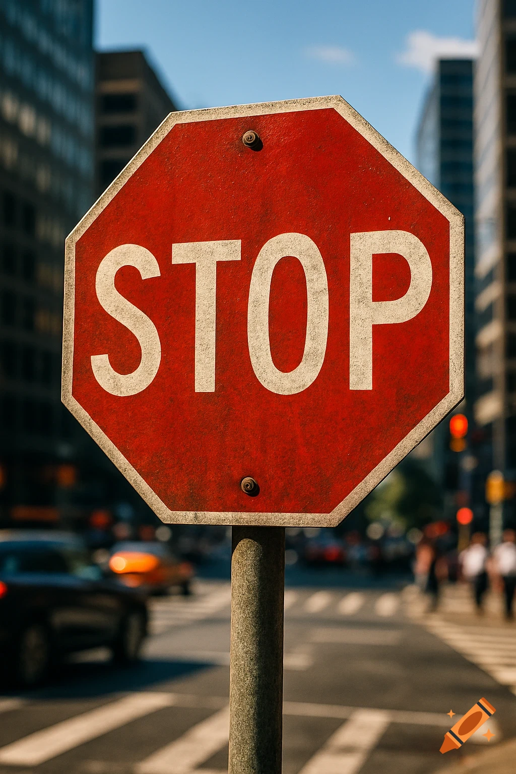 A red octagonal stop sign with a white border and the word STOP in bold ...