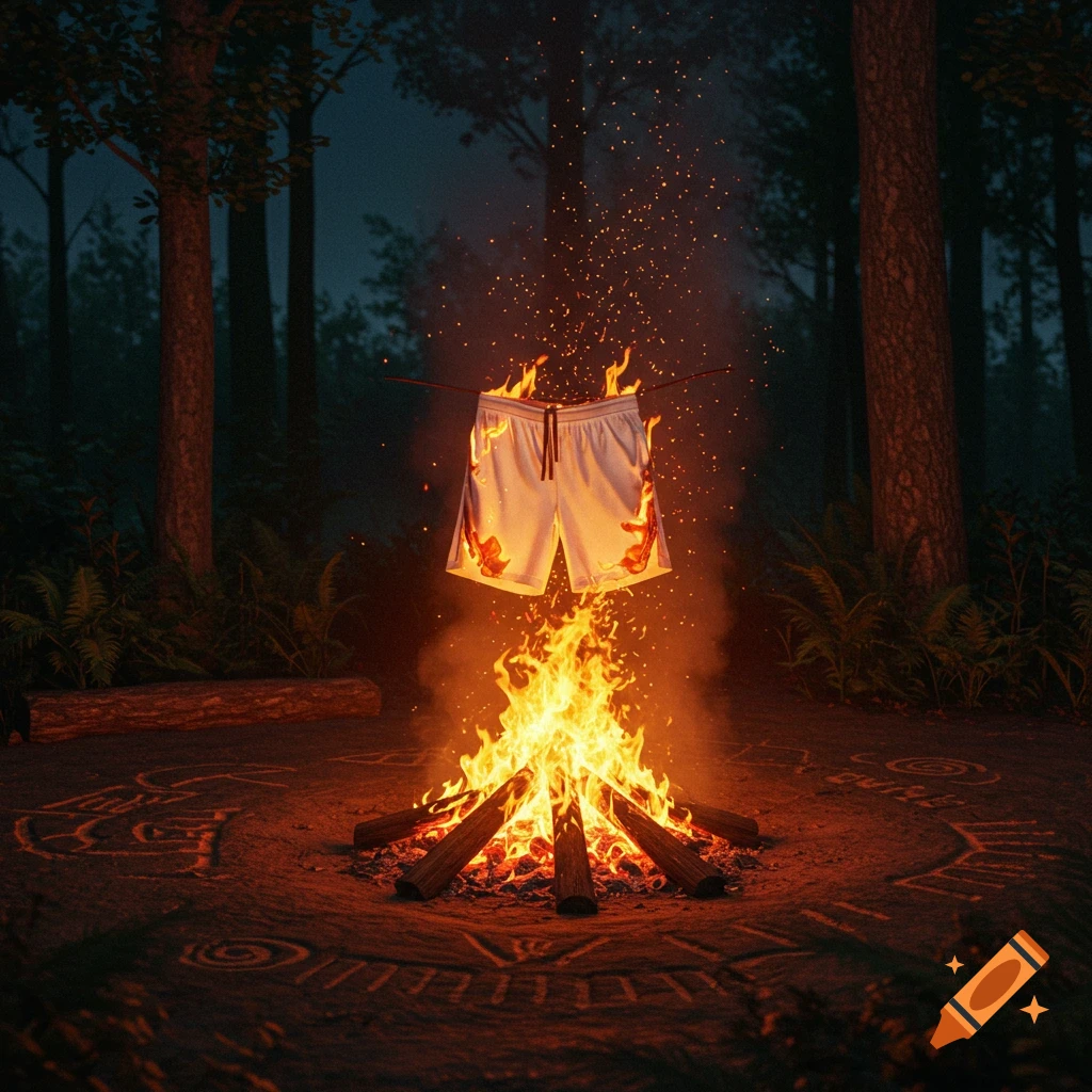 White shorts burning over a bonfire in a forest at night, with ...