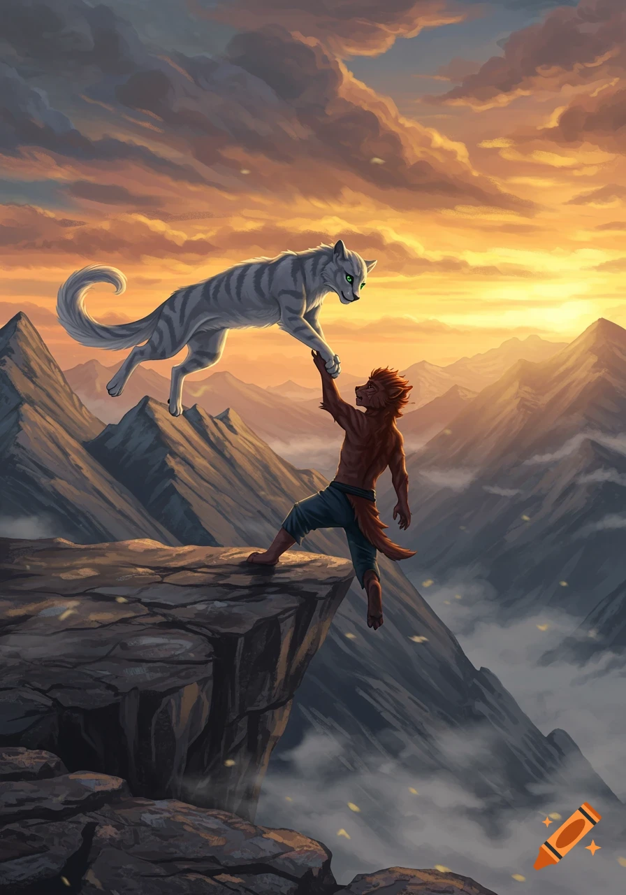 An anthropomorphic gray cat leaps from a mountain cliff, taking the hand of a red-brown furry ...