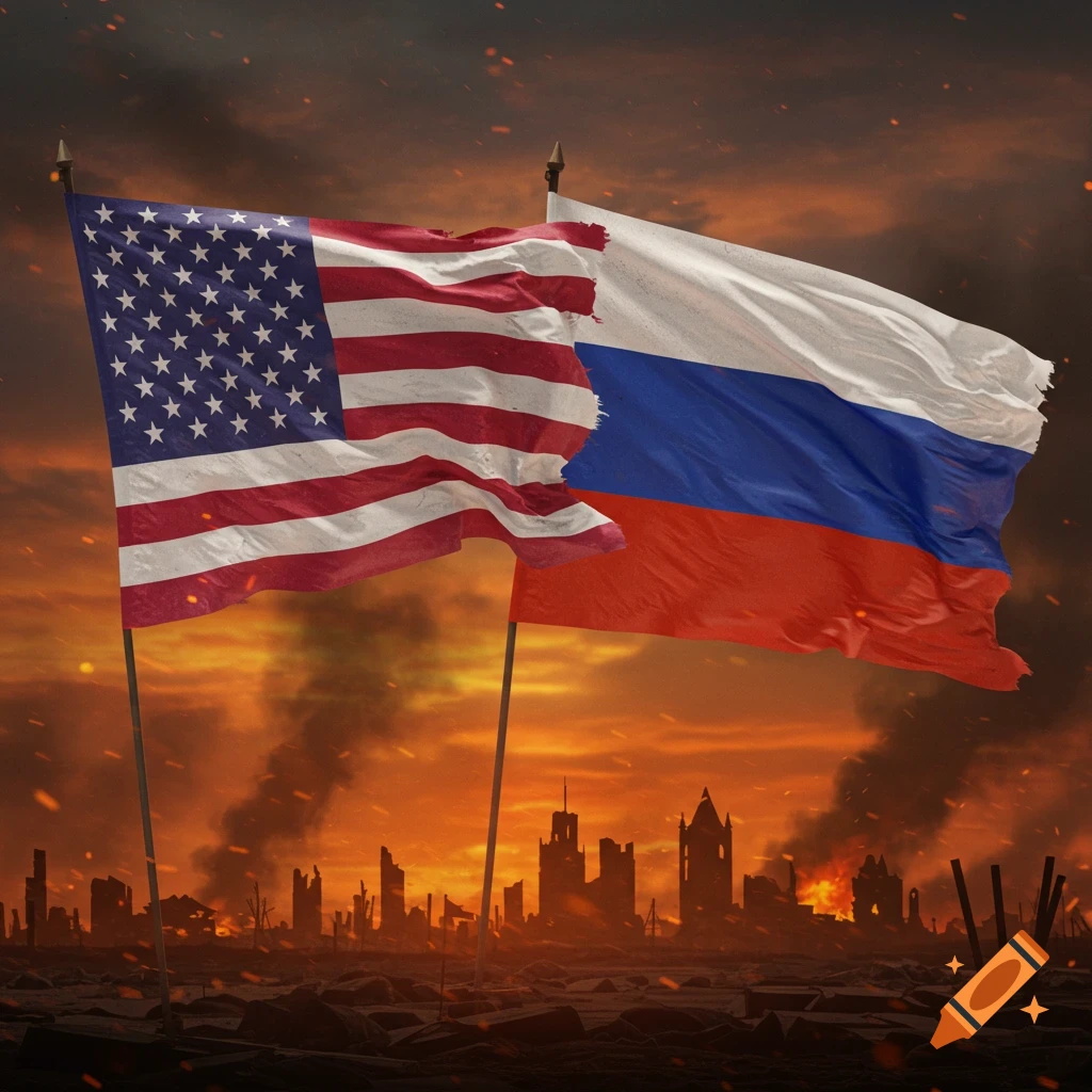 American and Russian flags wave over a destroyed city with a fiery, smoke-filled sky. on Craiyon