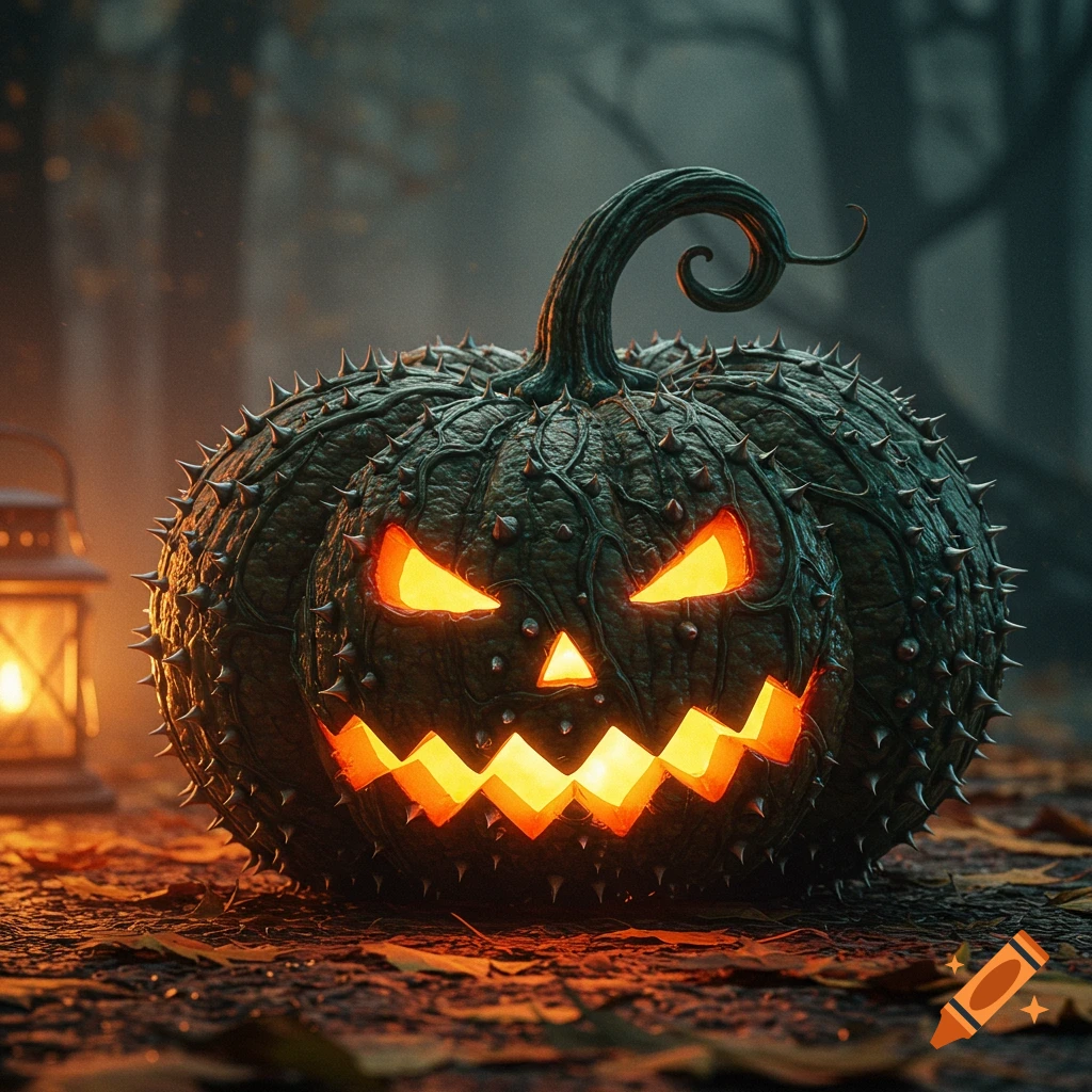 A scary jack-o'-lantern made of thorns glows orange in a dark, misty ...