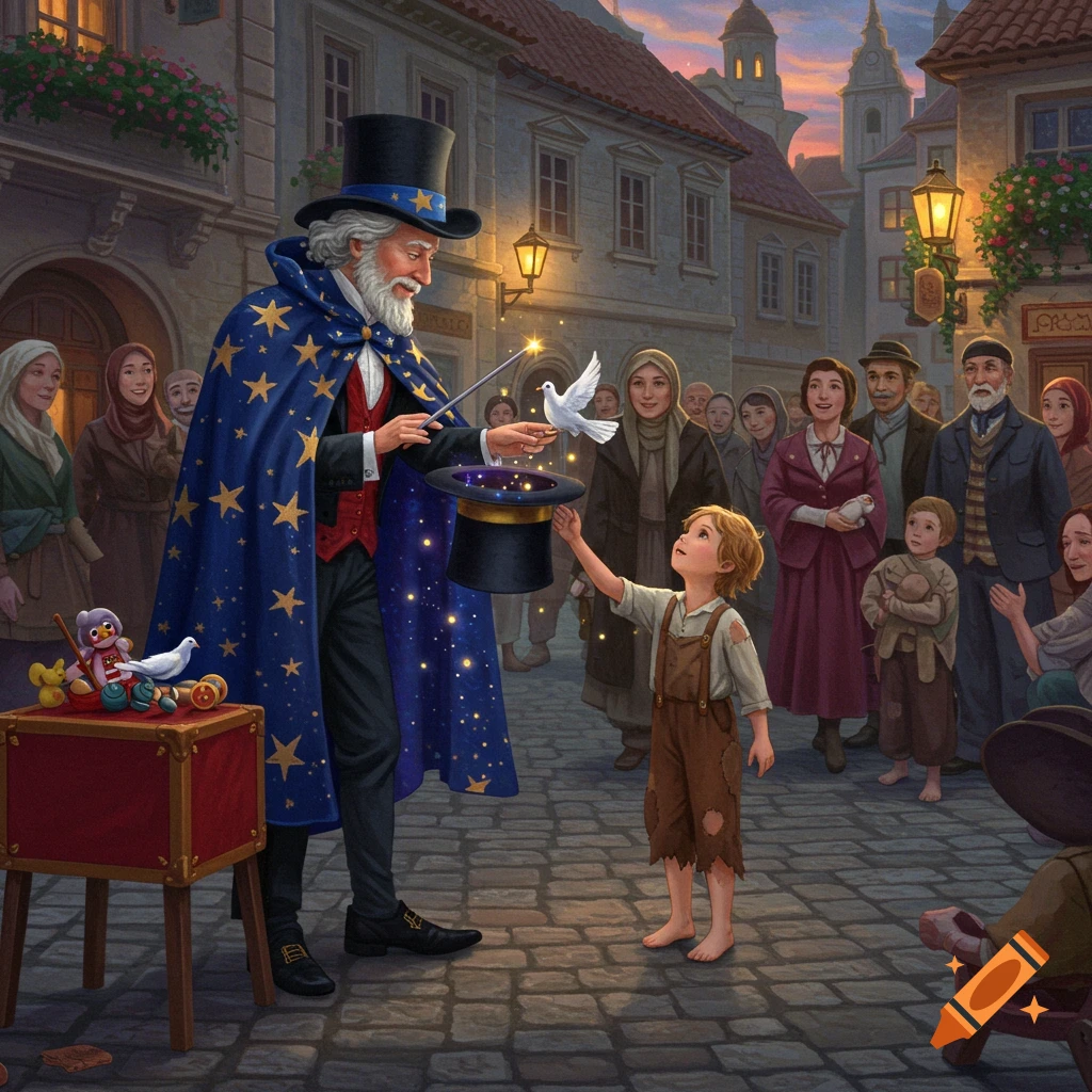 A wizard points at a scared child while a distressed woman stands ...