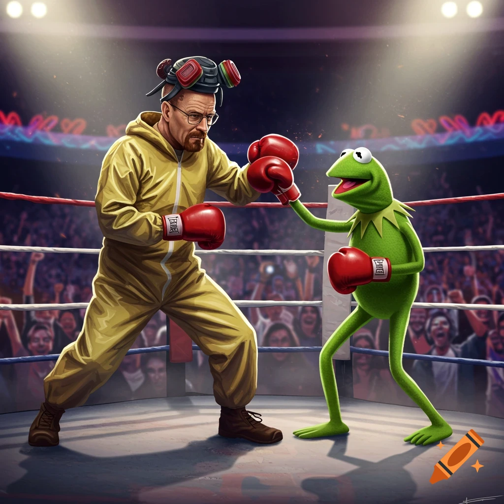 Walter White in a yellow hazmat suit and Kermit the Frog in boxing gloves face off in a boxing ...
