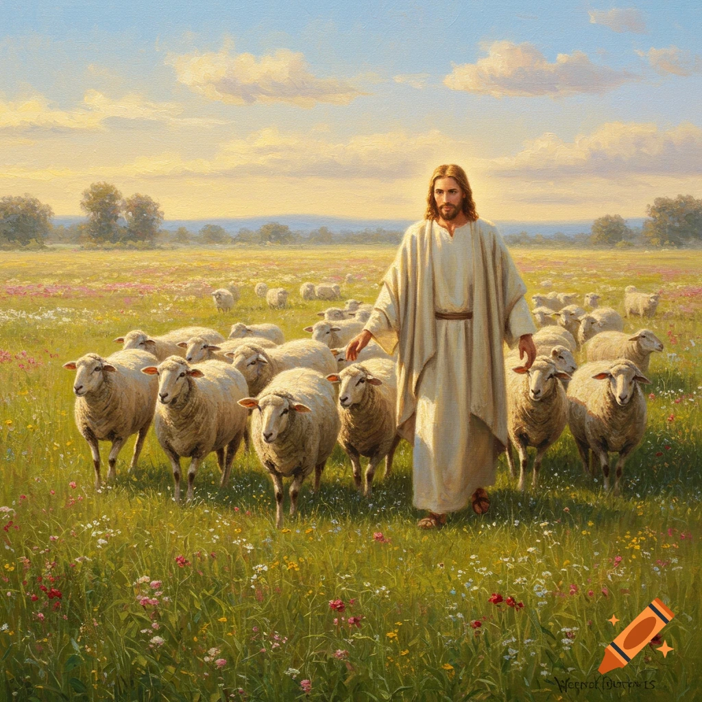 Vibrant illustrative painting of Adam and Eve on a hill overlooking a ...